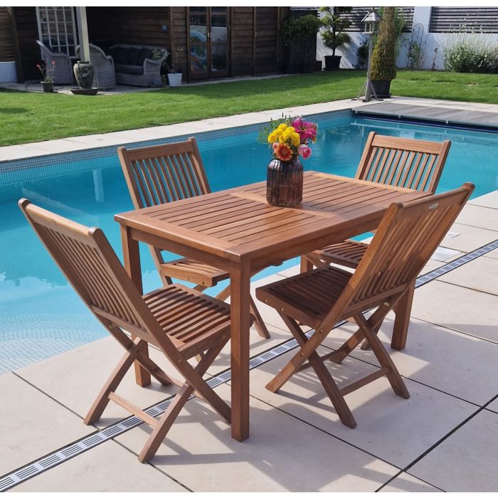 1.2m Teak Rectangular Fixed Table with 4 Kiffa Folding Chairs ...