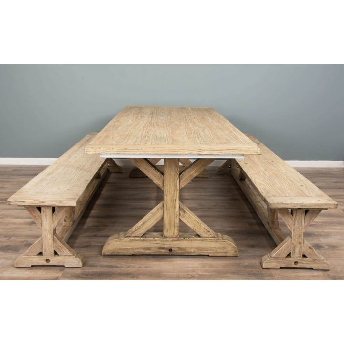 3m Reclaimed Pine Cross Table with Two Dining Benches - Sustainable ...
