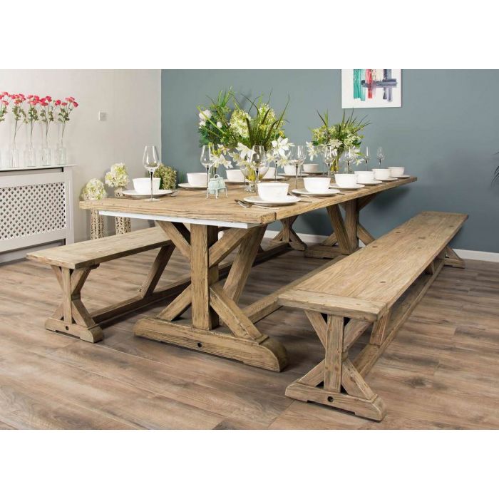 3m Reclaimed Pine Cross Table with Two Dining Benches - Sustainable ...