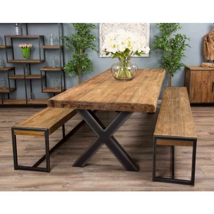 3m Reclaimed Teak Urban Fusion Dining Table with 2 Backless Benches ...