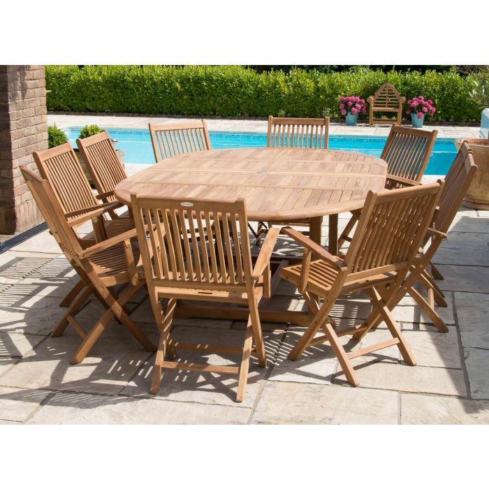 1.5m x 1.5m - 2.3m Teak Circular Double Extending Table with 10 Kiffa ...