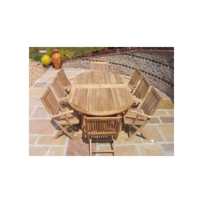 1.9m Teak Oval Pedestal Table with 8 Kiffa Folding Armchairs ...