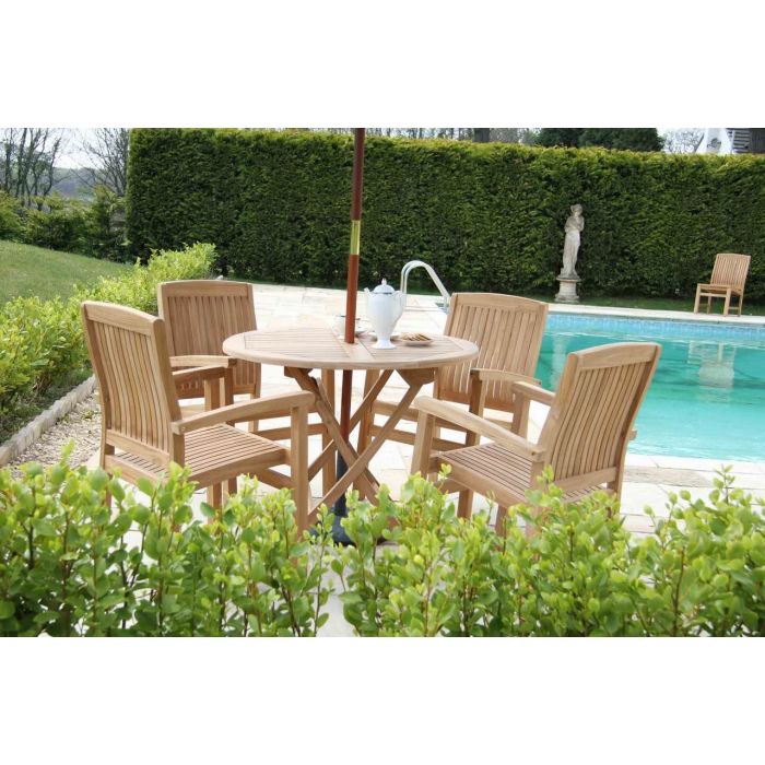 1m Teak Circular Folding Table with 4 Marley Armchairs - Sustainable ...