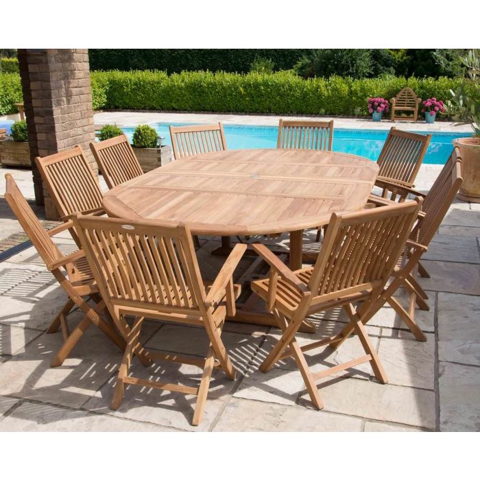 1.5m x 1.5m - 2.3m Teak Circular Double Extending Table with 10 Kiffa ...