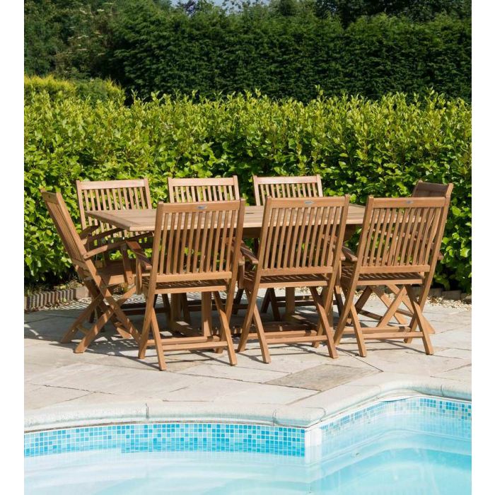 1m x 1.8m - 2.4m Teak Rectangular Extending Table with 8 Kiffa Folding ...