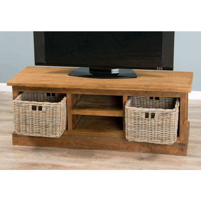 Reclaimed Teak Natural TV Unit with 2 Wicker Drawers - Sustainable ...