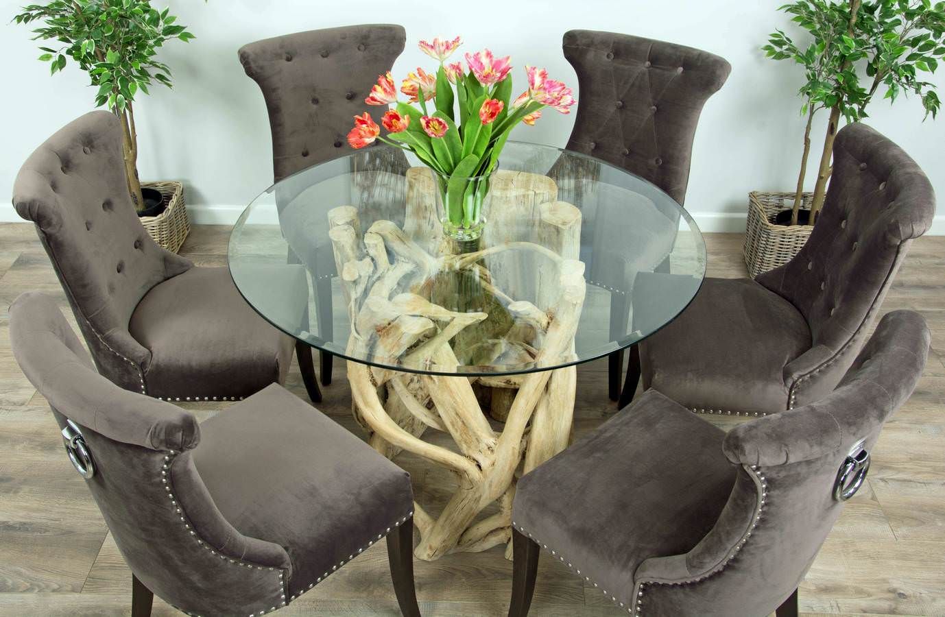 1.2m Java Root Circular Dining Table with 4 or 6 Velveteen Ring Back ...