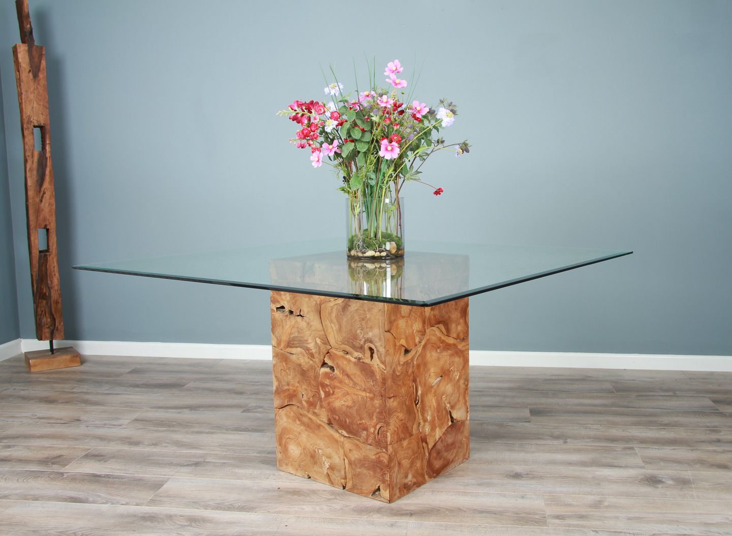 Square Teak Root Block Dining Table (140cm) with 8 Santos Chairs ...