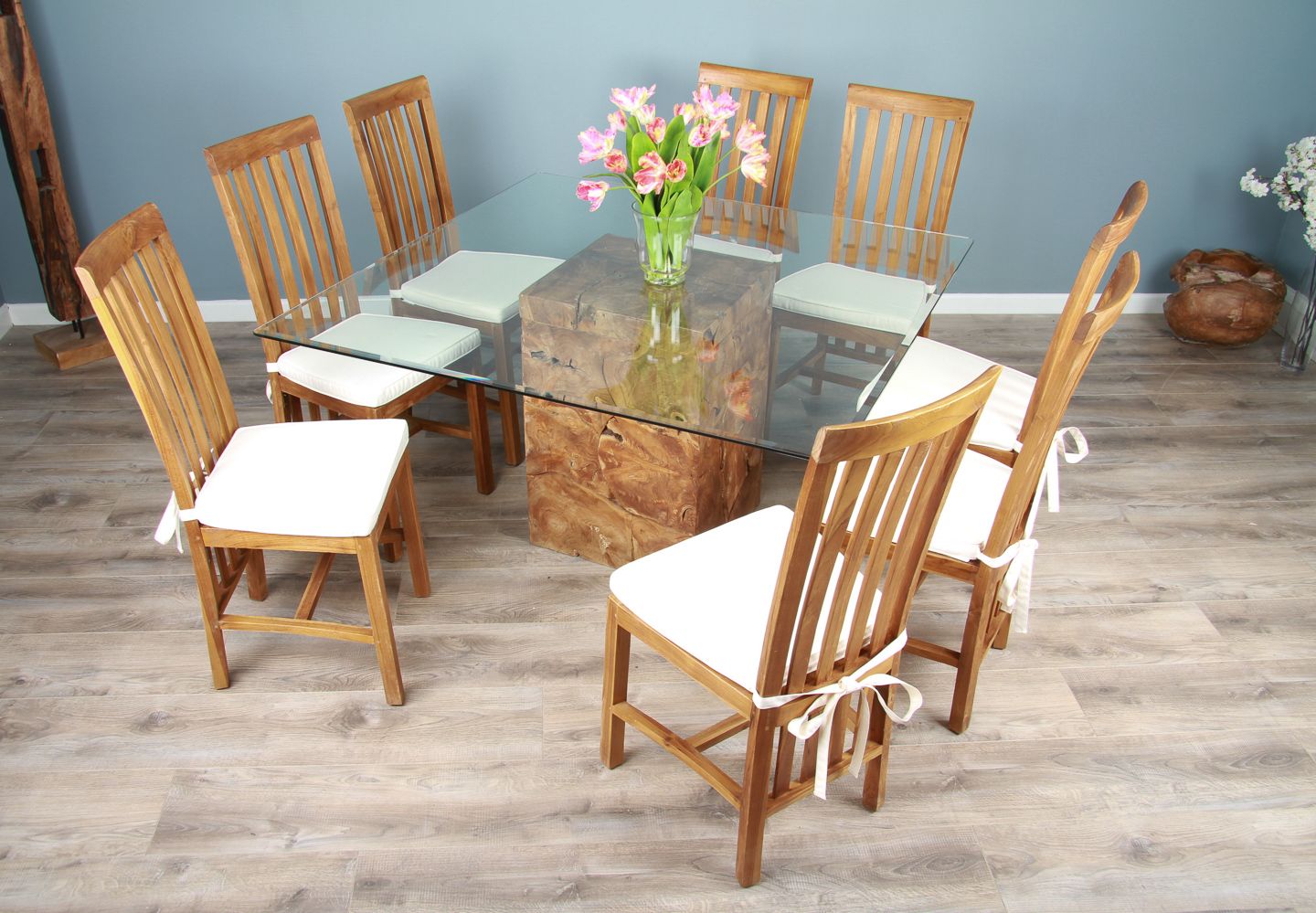 Square Teak Root Block Dining Table (140cm) with 8 Santos Chairs ...
