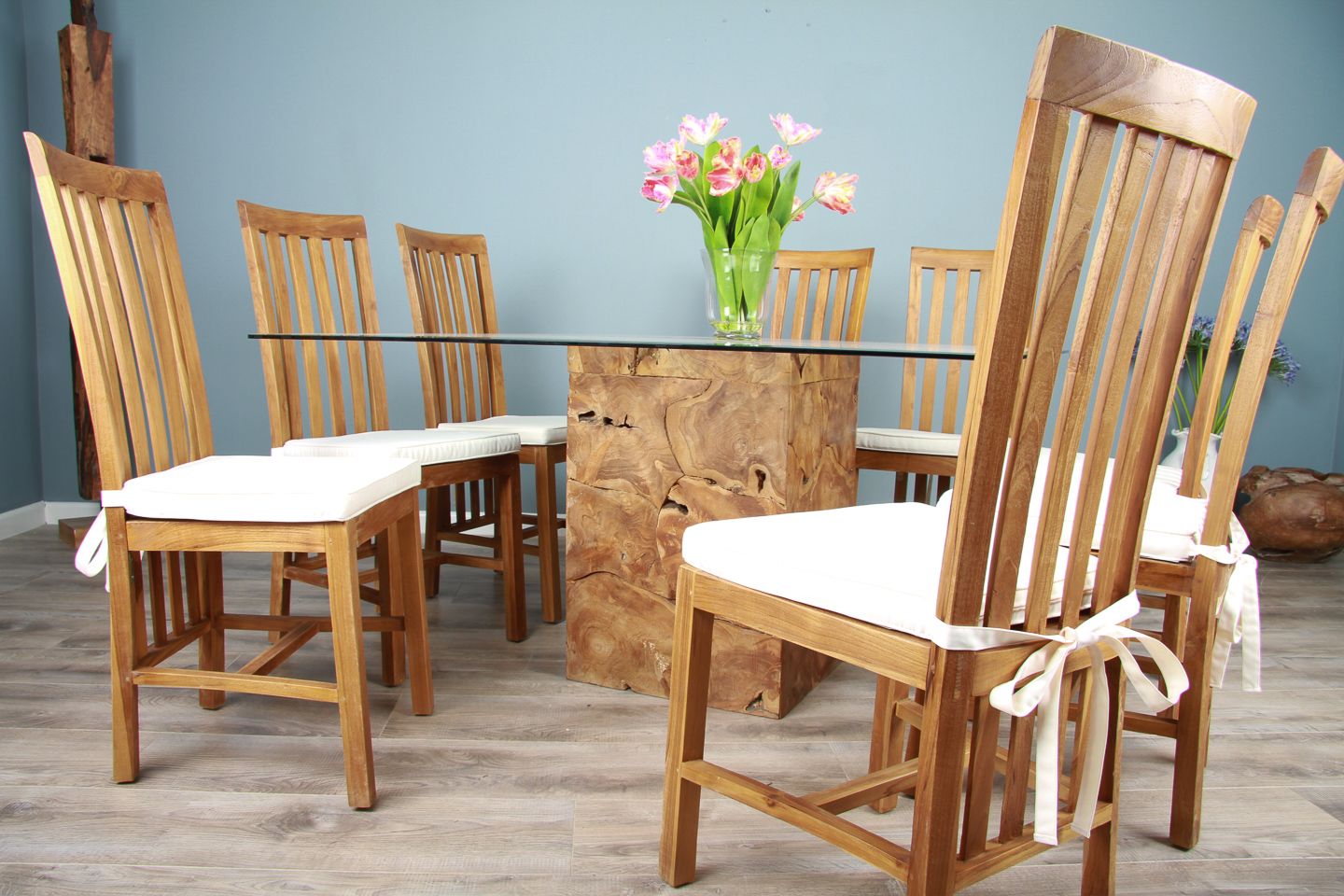 Square Teak Root Block Dining Table (140cm) with 8 Santos Chairs ...