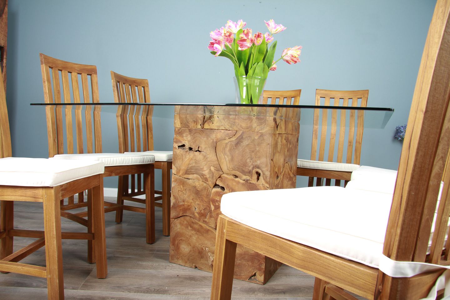Square Teak Root Block Dining Table (140cm) with 8 Santos Chairs ...