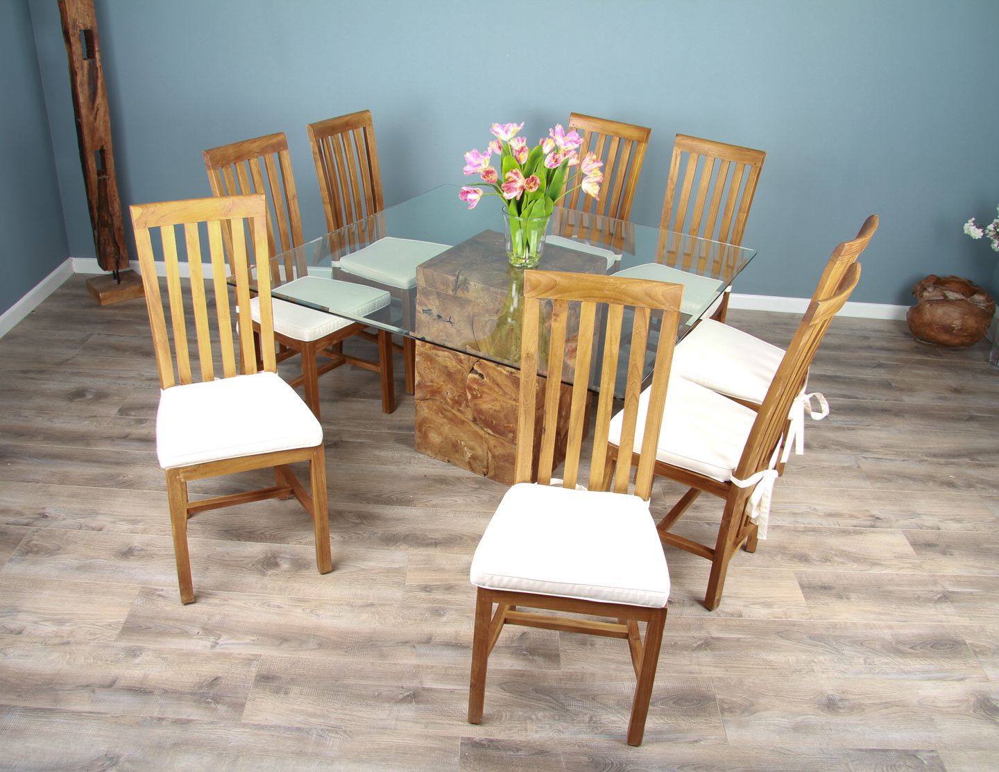Square Teak Root Block Dining Table (140cm) with 8 Santos Chairs ...
