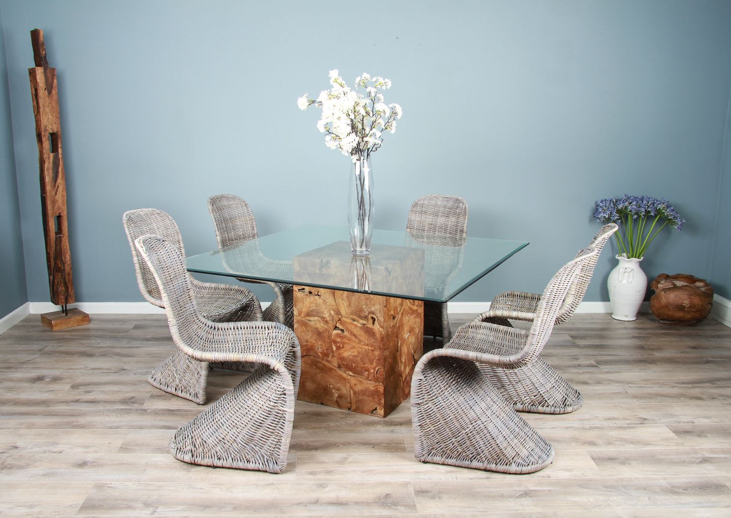 1.4m Reclaimed Teak Root Square Block Dining Table with 6 Zorro Chairs ...