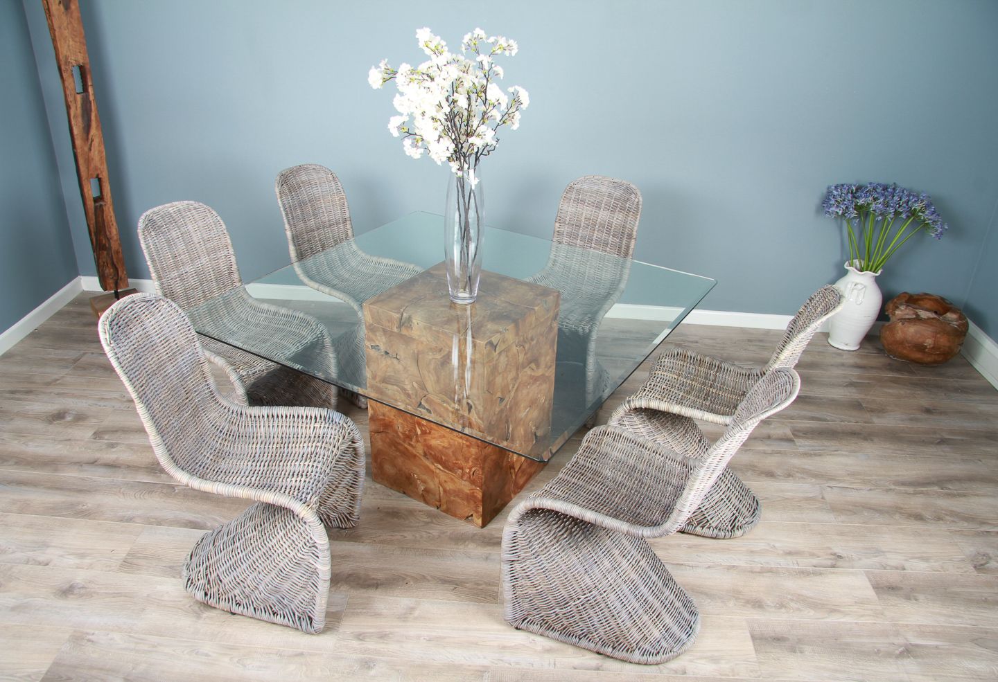 1.4m Reclaimed Teak Root Square Block Dining Table with 6 Zorro Chairs ...