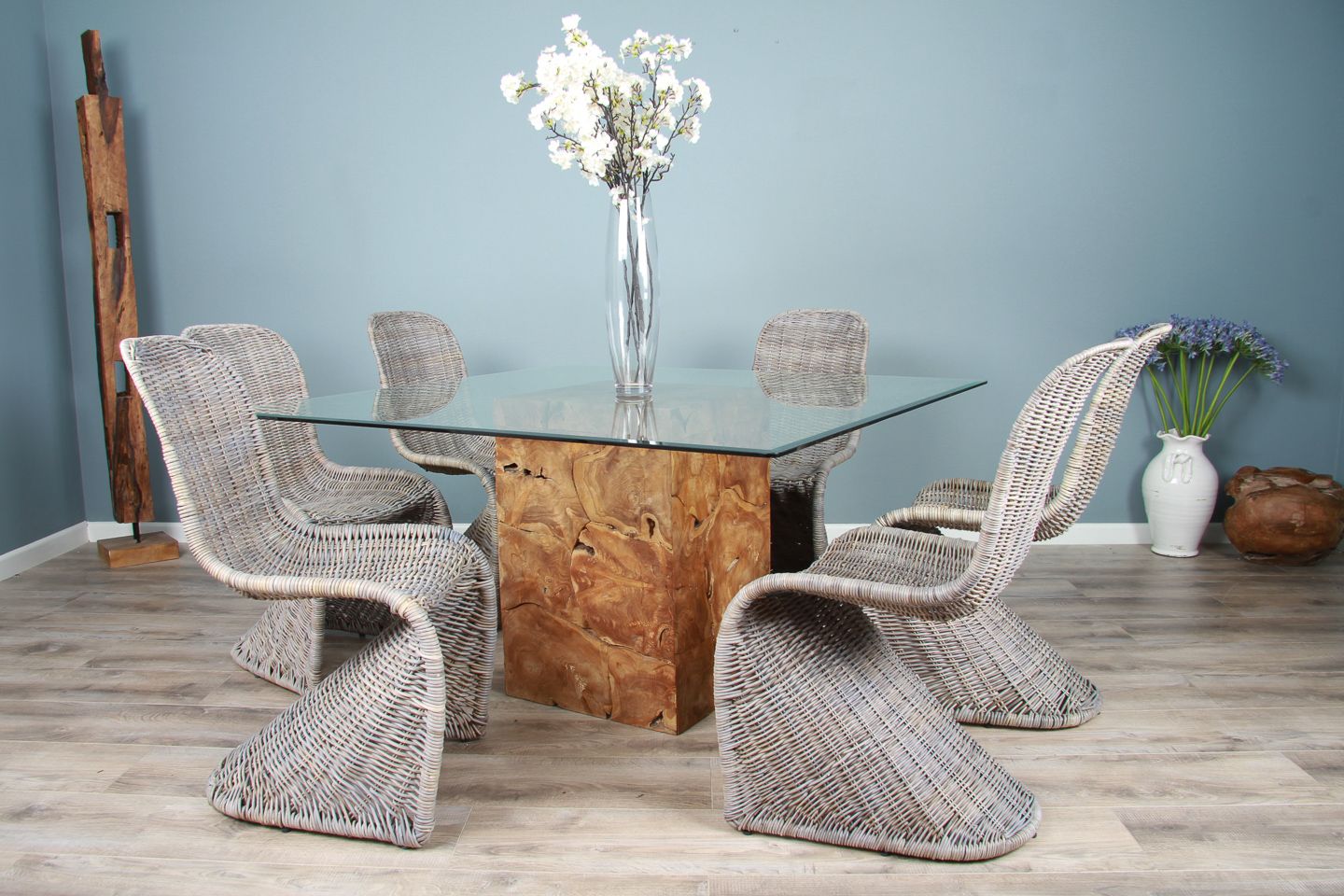 1.4m Reclaimed Teak Root Square Block Dining Table with 6 Zorro Chairs ...