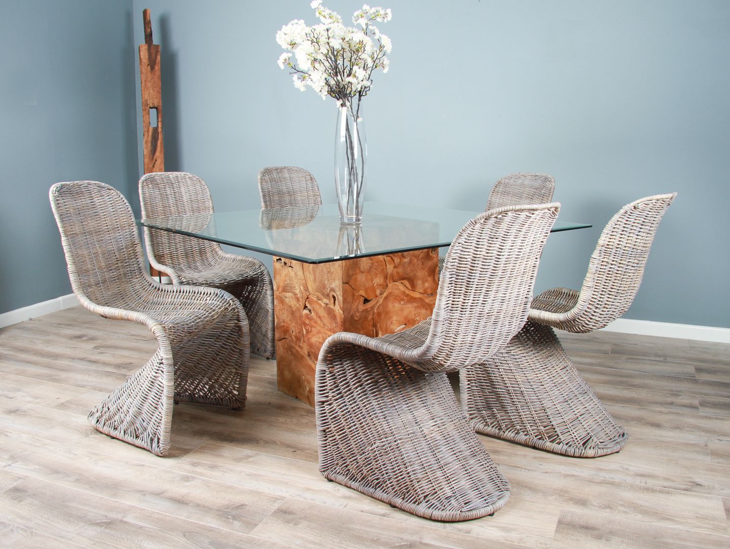 1.4m Reclaimed Teak Root Square Block Dining Table with 6 Zorro Chairs ...