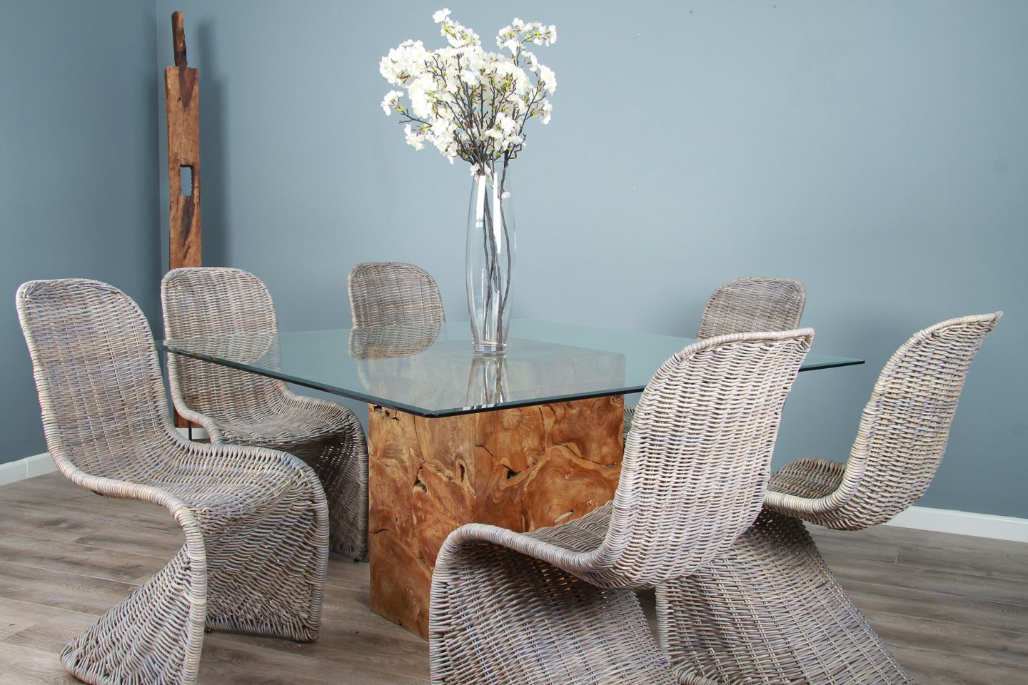 1.4m Reclaimed Teak Root Square Block Dining Table with 6 Zorro Chairs ...