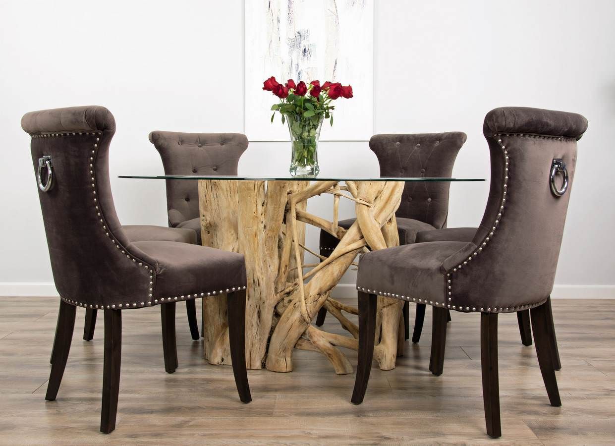 1.5m Java Root Dining Table with 6 Velveteen Ring Back Dining Chairs ...