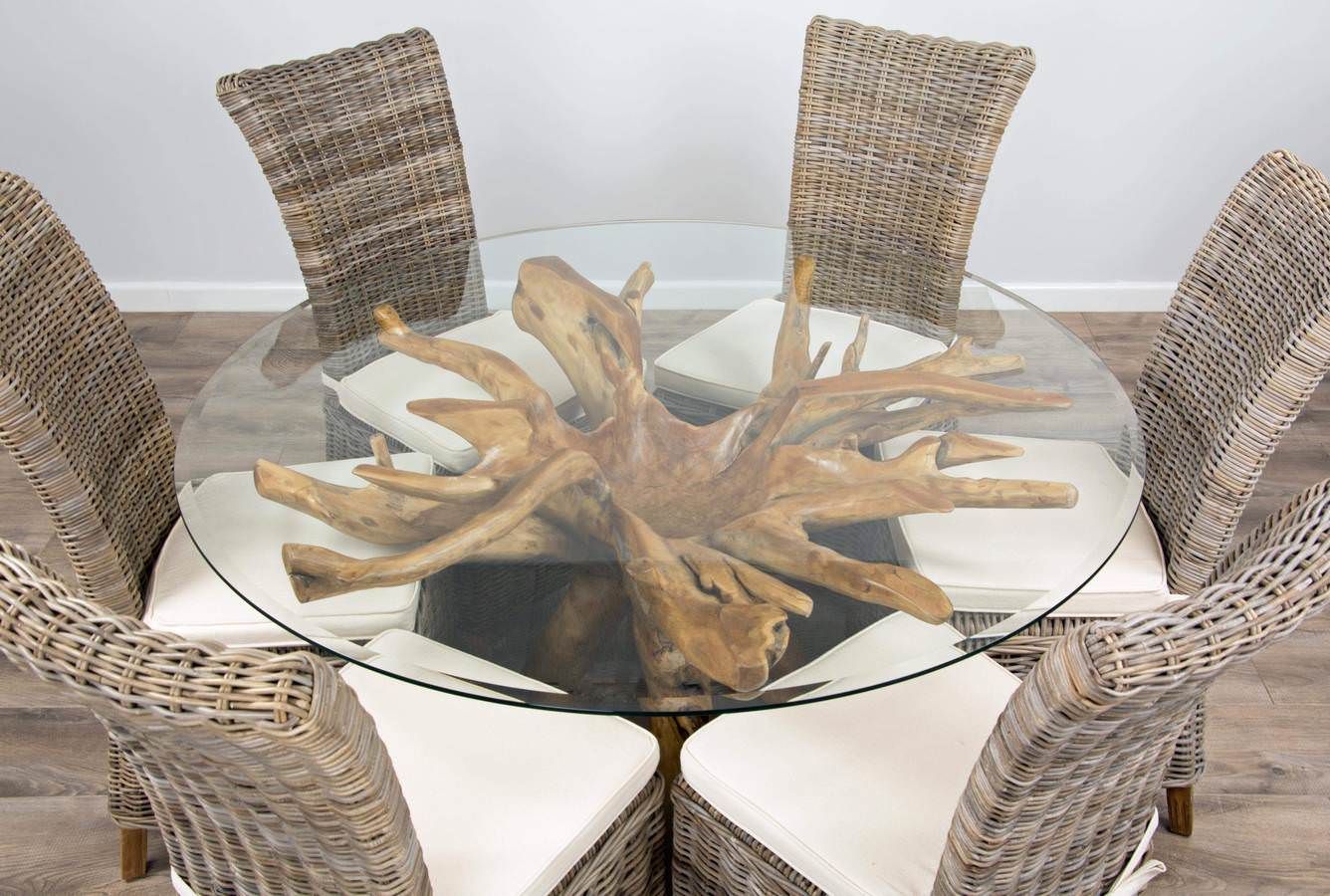1.5m Reclaimed Teak Root Circular Dining Table with 6 Latifa Chairs ...