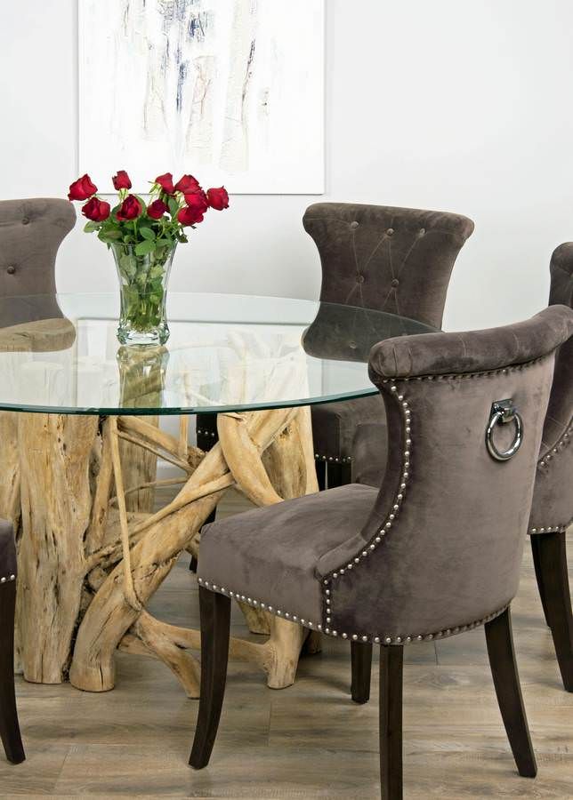 1.5m Java Root Dining Table with 6 Velveteen Ring Back Dining Chairs ...