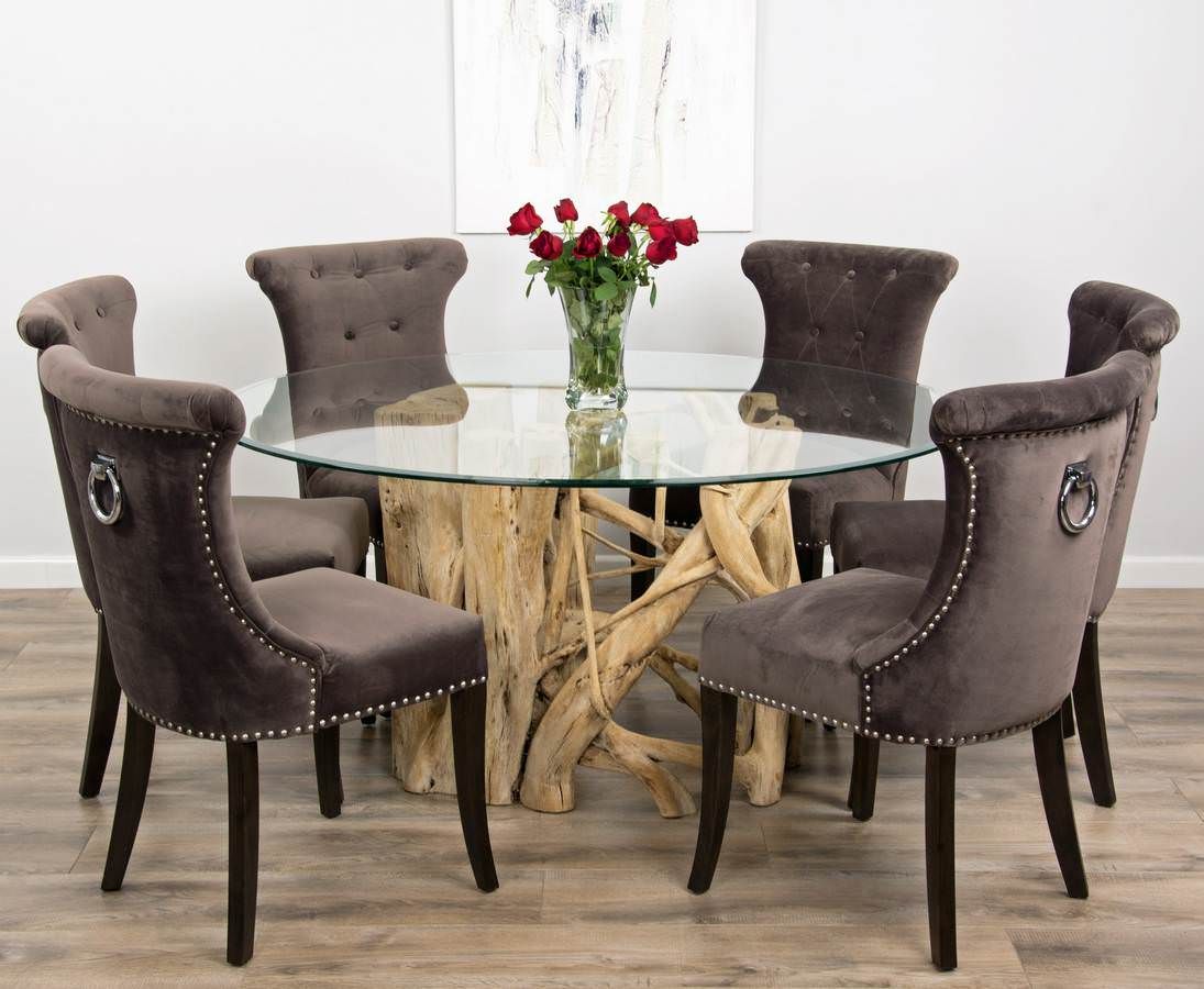 1.5m Java Root Dining Table with 6 Velveteen Ring Back Dining Chairs ...