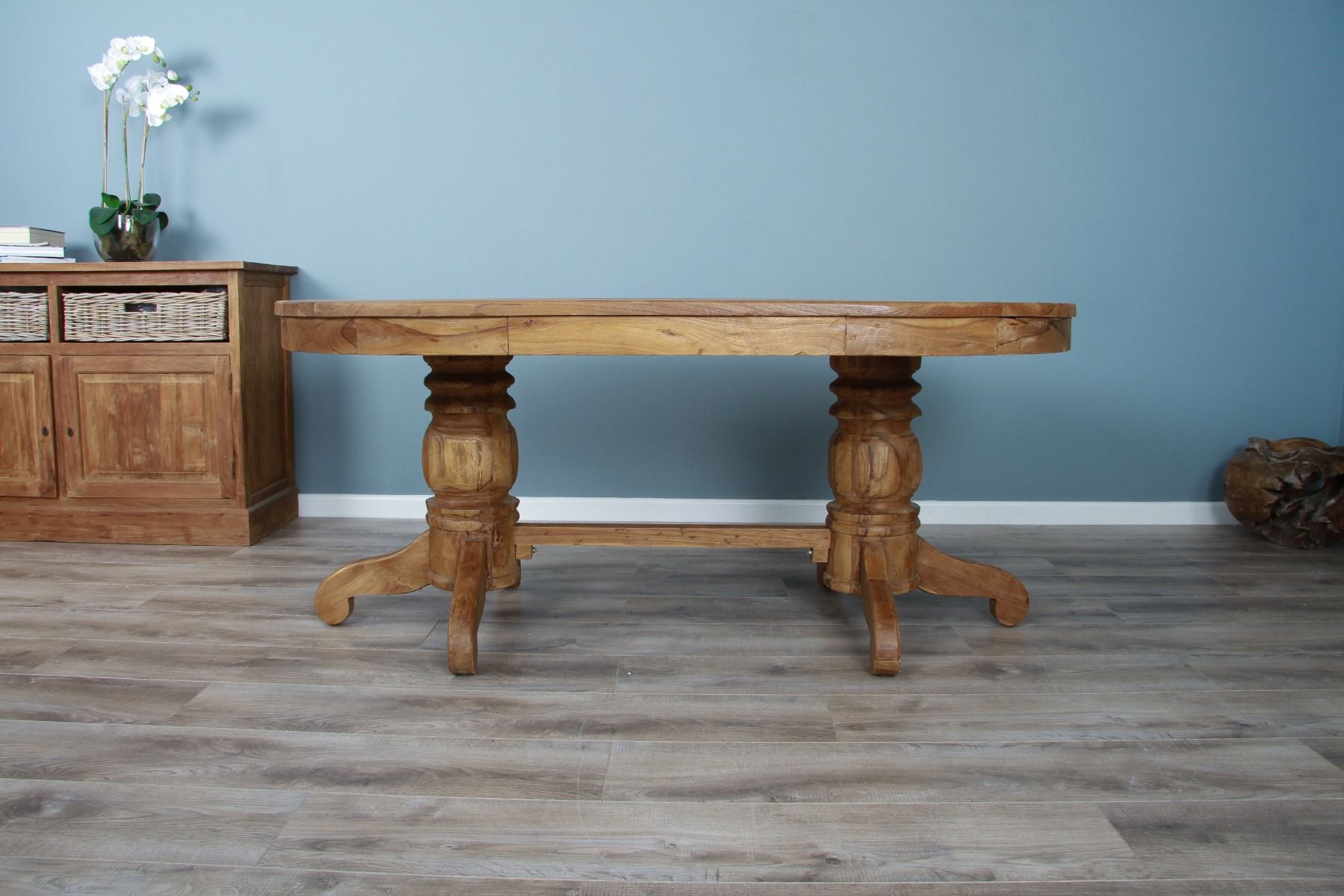 1.8m Reclaimed Teak Oval Pedestal Dining Table - Sustainable Furniture