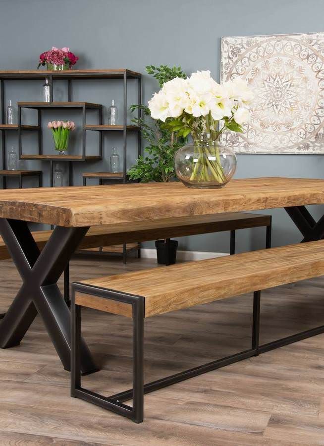 3m Reclaimed Teak Urban Fusion Cross Dining Table with 2 Backless ...