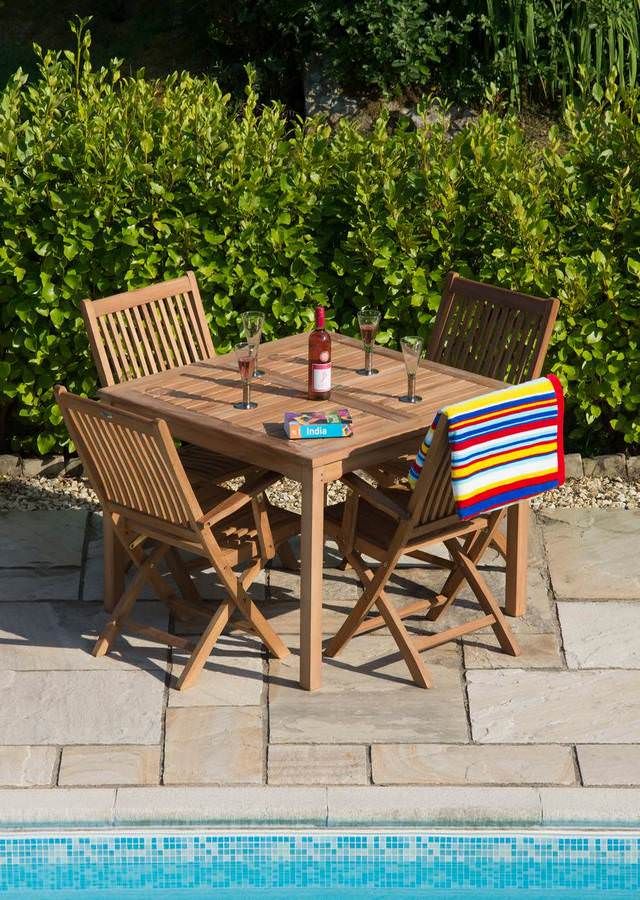 1m Teak Square Fixed Table with 4 Kiffa Folding Armchairs - Sustainable ...