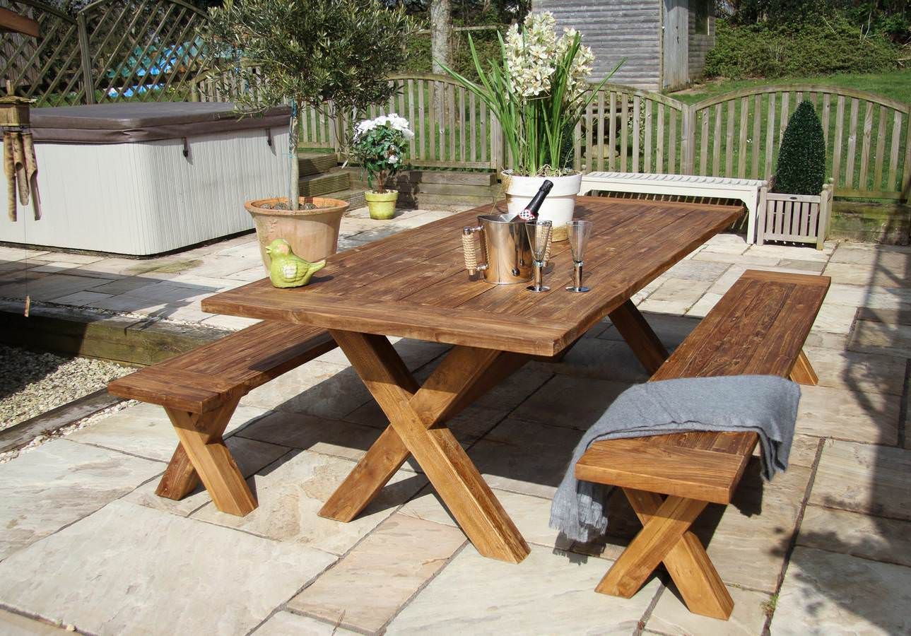 2.4m Reclaimed Teak Outdoor Open Slatted Cross Leg Table with 2 ...