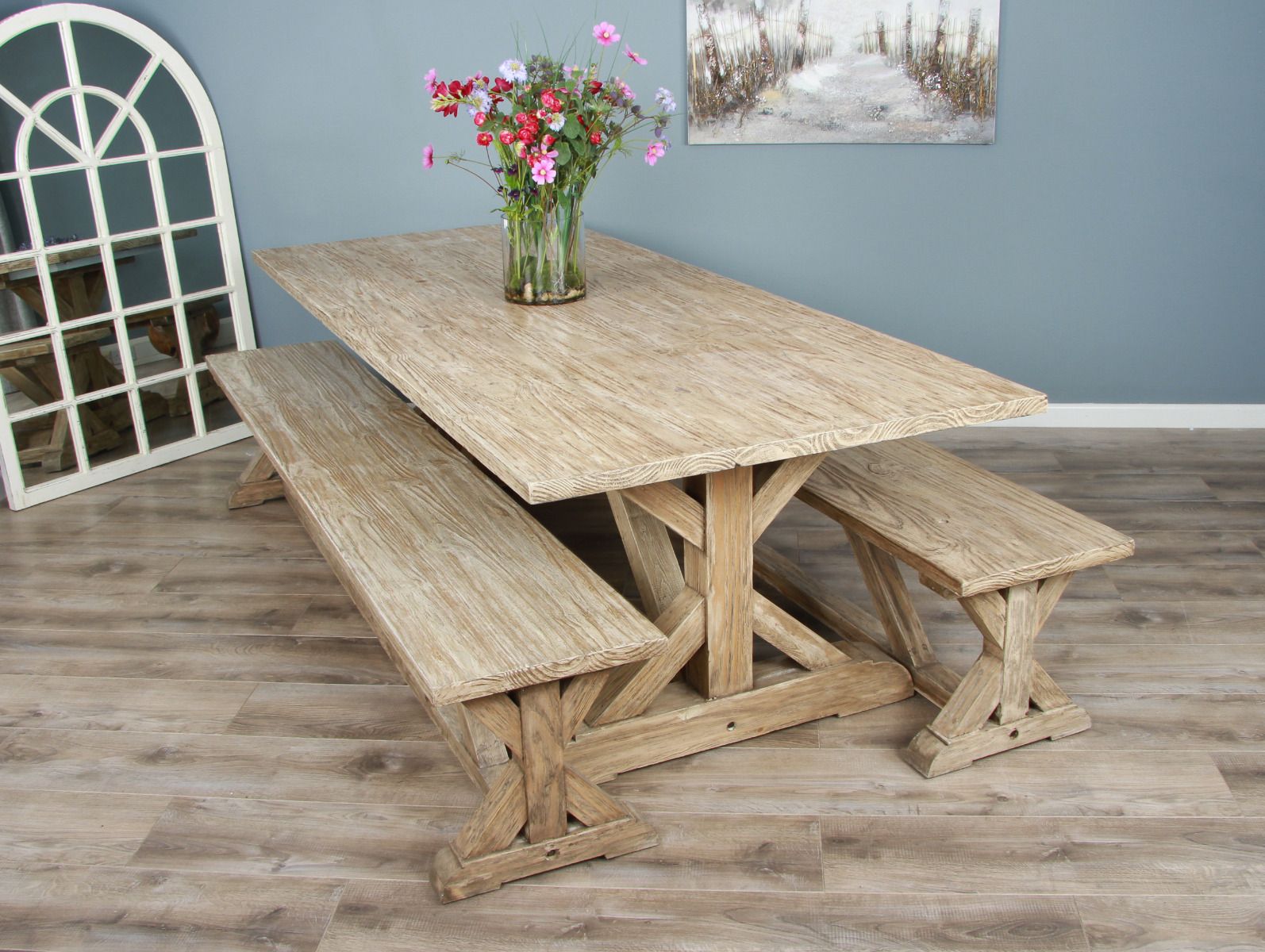 2.4m Reclaimed Pine Cross Dining Table with 2 Dining Benches ...