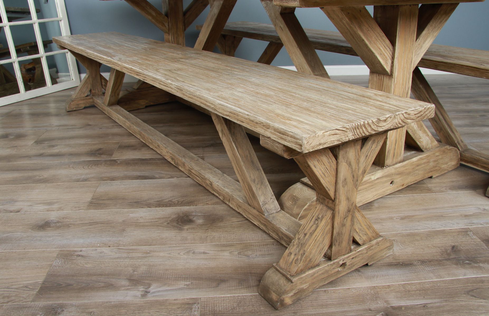 2.4m Reclaimed Pine Cross Dining Bench - Sustainable Furniture