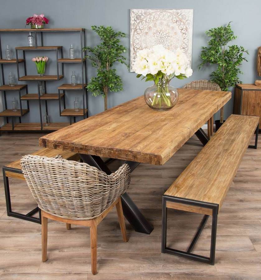 3m Reclaimed Teak Urban Fusion Cross Dining Table with 2 Backless ...