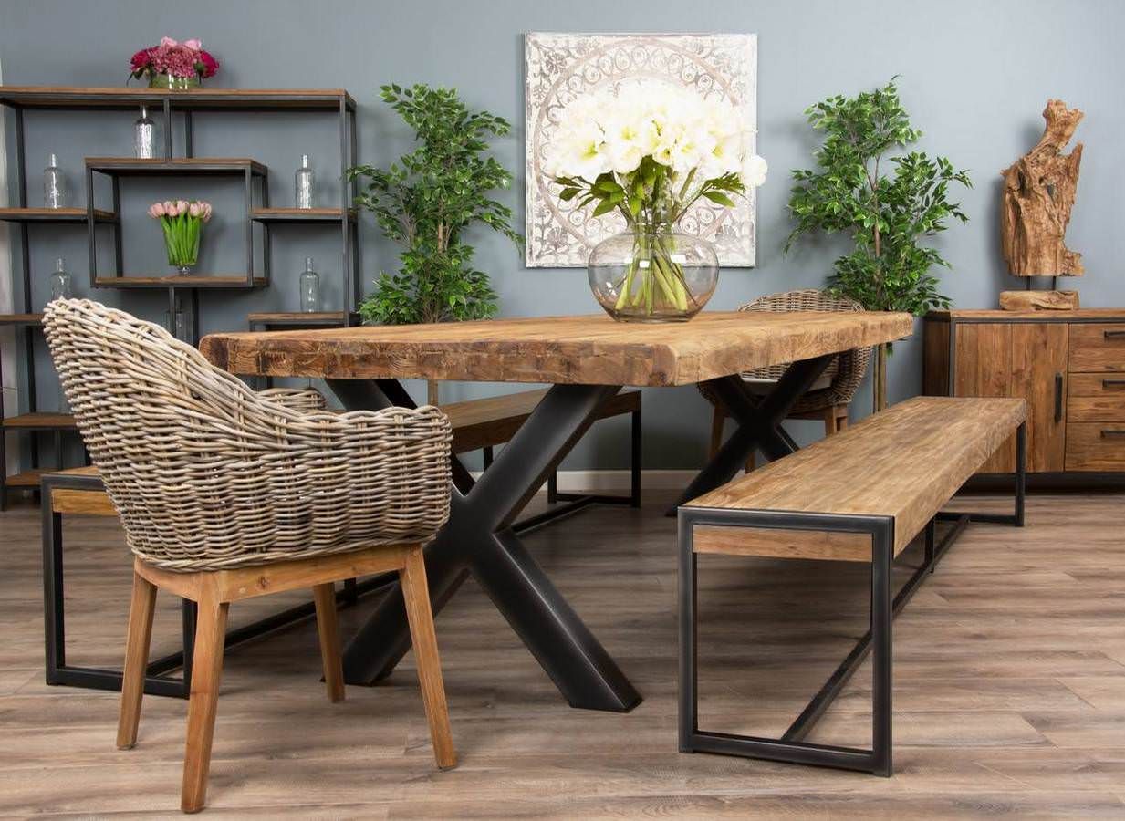 3m Reclaimed Teak Urban Fusion Cross Dining Table with 2 Backless ...