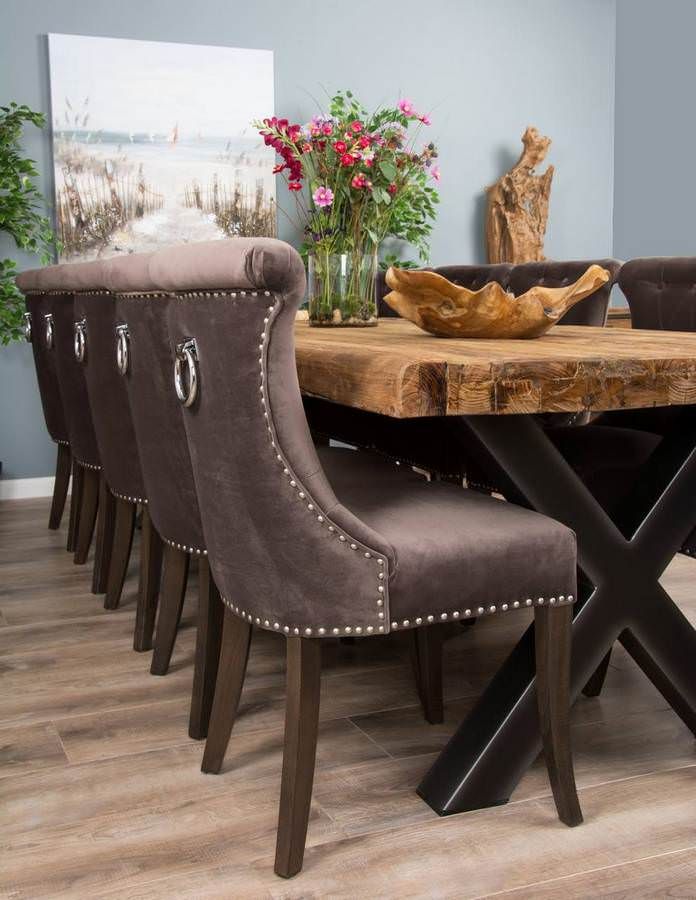 3m Reclaimed Teak Urban Fusion Cross Dining Table with Ten Velveteen ...