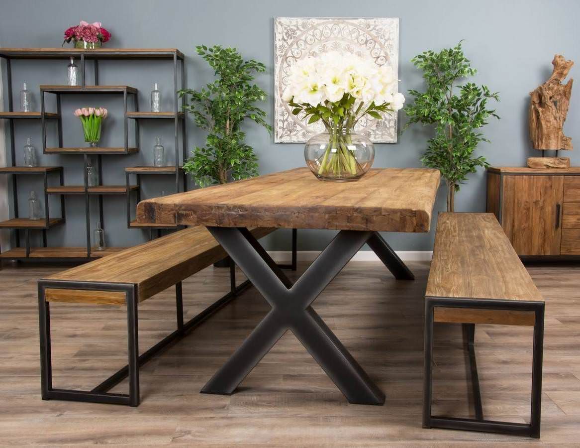 3m Reclaimed Teak Urban Fusion Cross Dining Table with 2 Backless ...