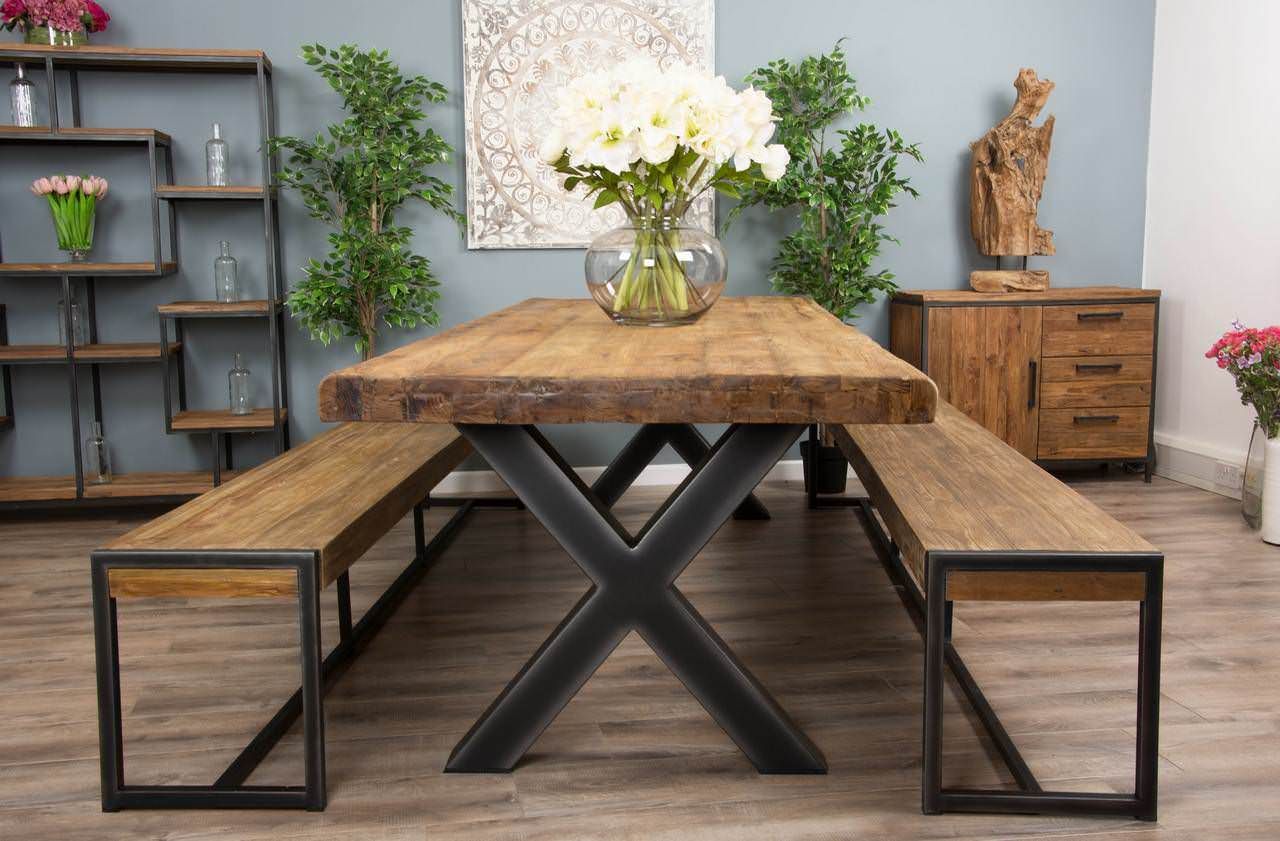 3m Reclaimed Teak Urban Fusion Cross Dining Table with 2 Backless ...