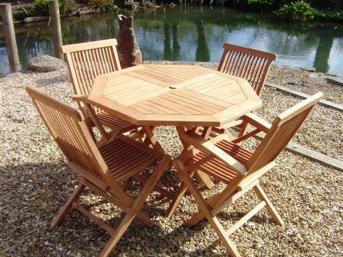 1m Teak Octagonal Folding Table with 2 Classic Folding Chairs and 2 ...