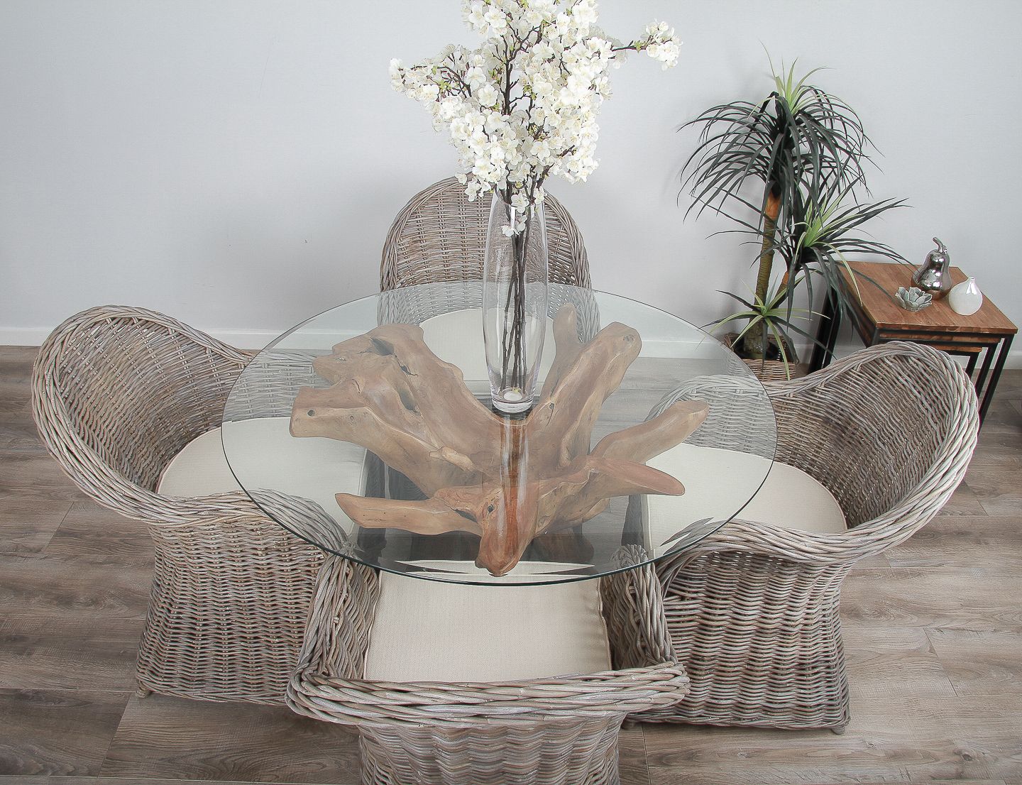 1.2m Reclaimed Teak Root Circular Dining Table with 4 Riviera Armchairs ...