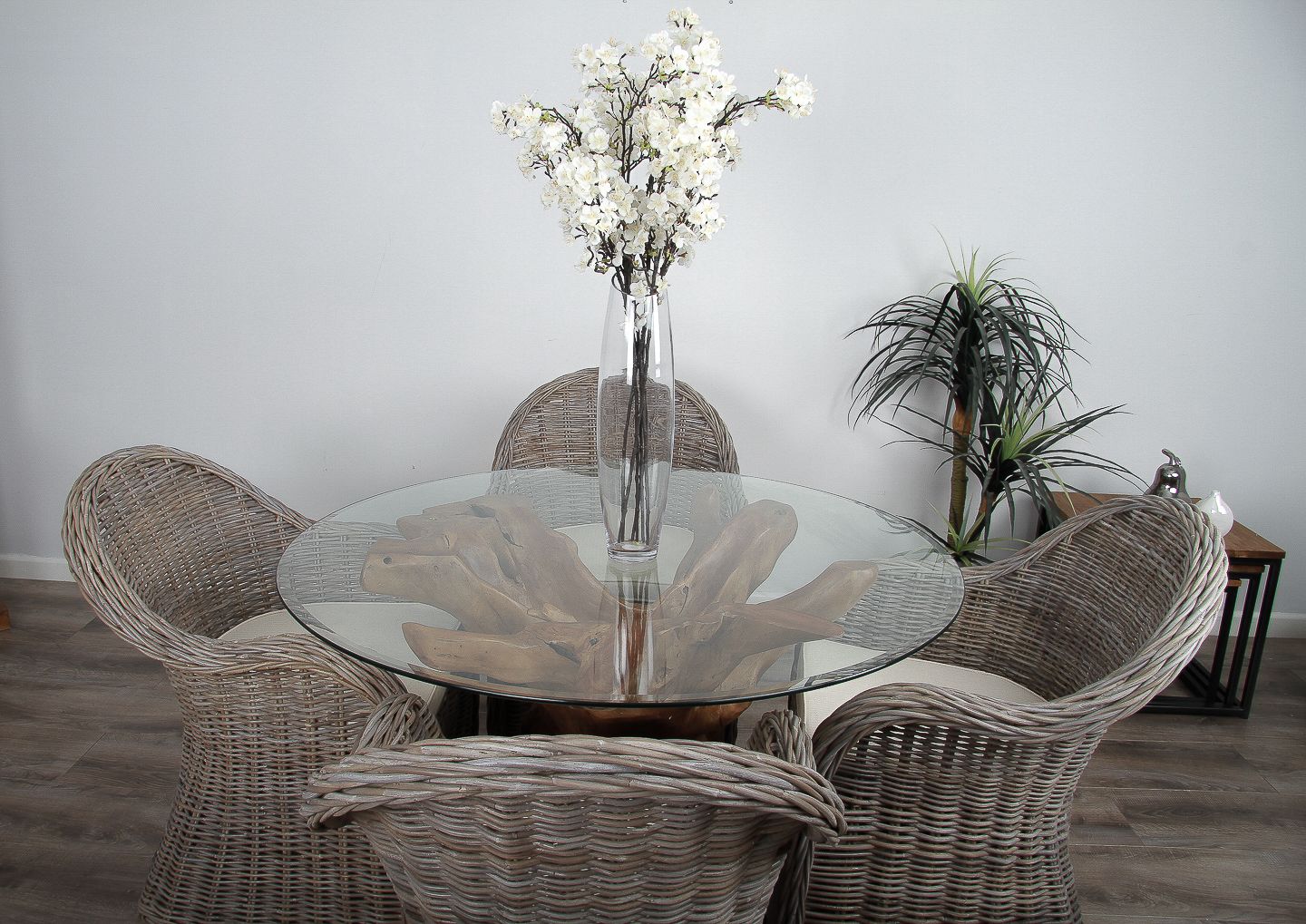 1.2m Reclaimed Teak Root Circular Dining Table with 4 Riviera Armchairs ...
