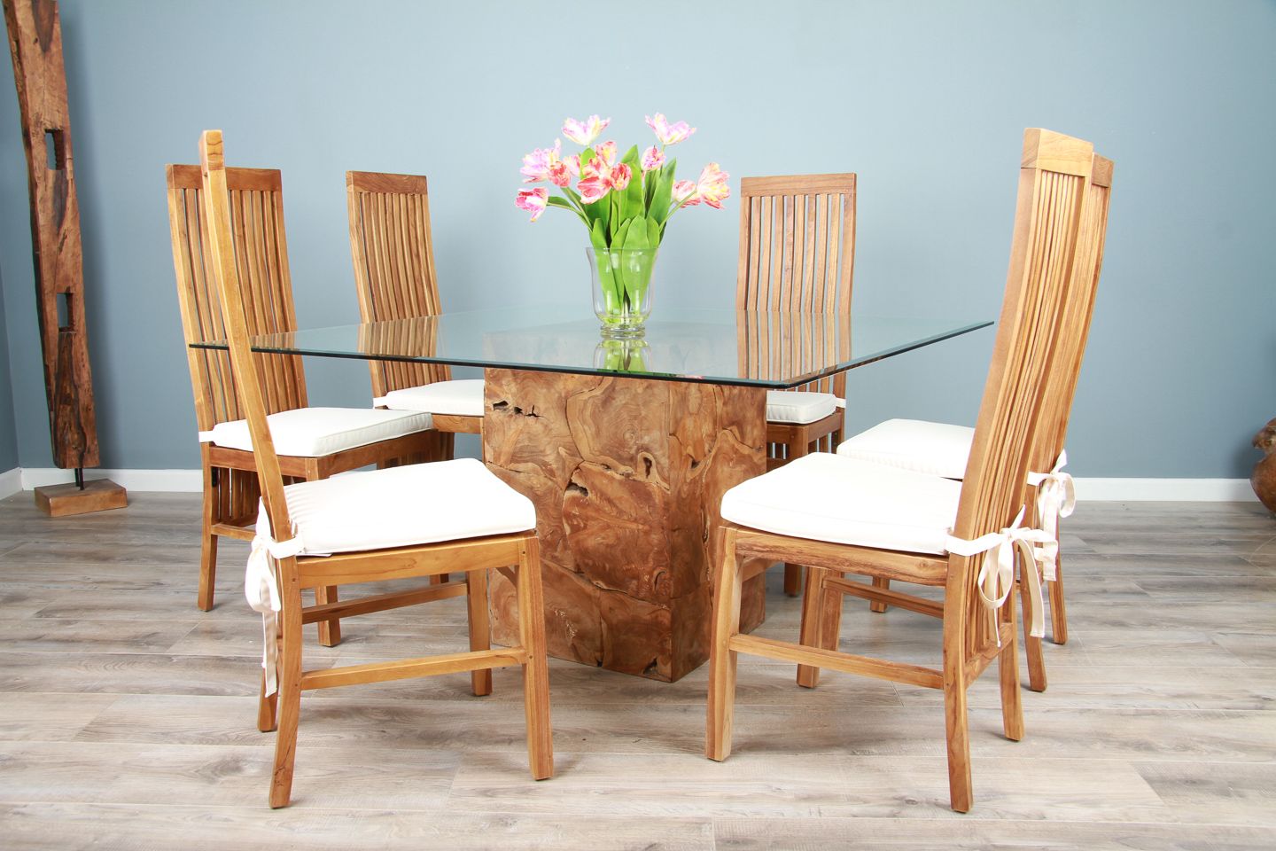 Square Teak Root Block Dining Table (140cm) with 8 Santos Chairs ...
