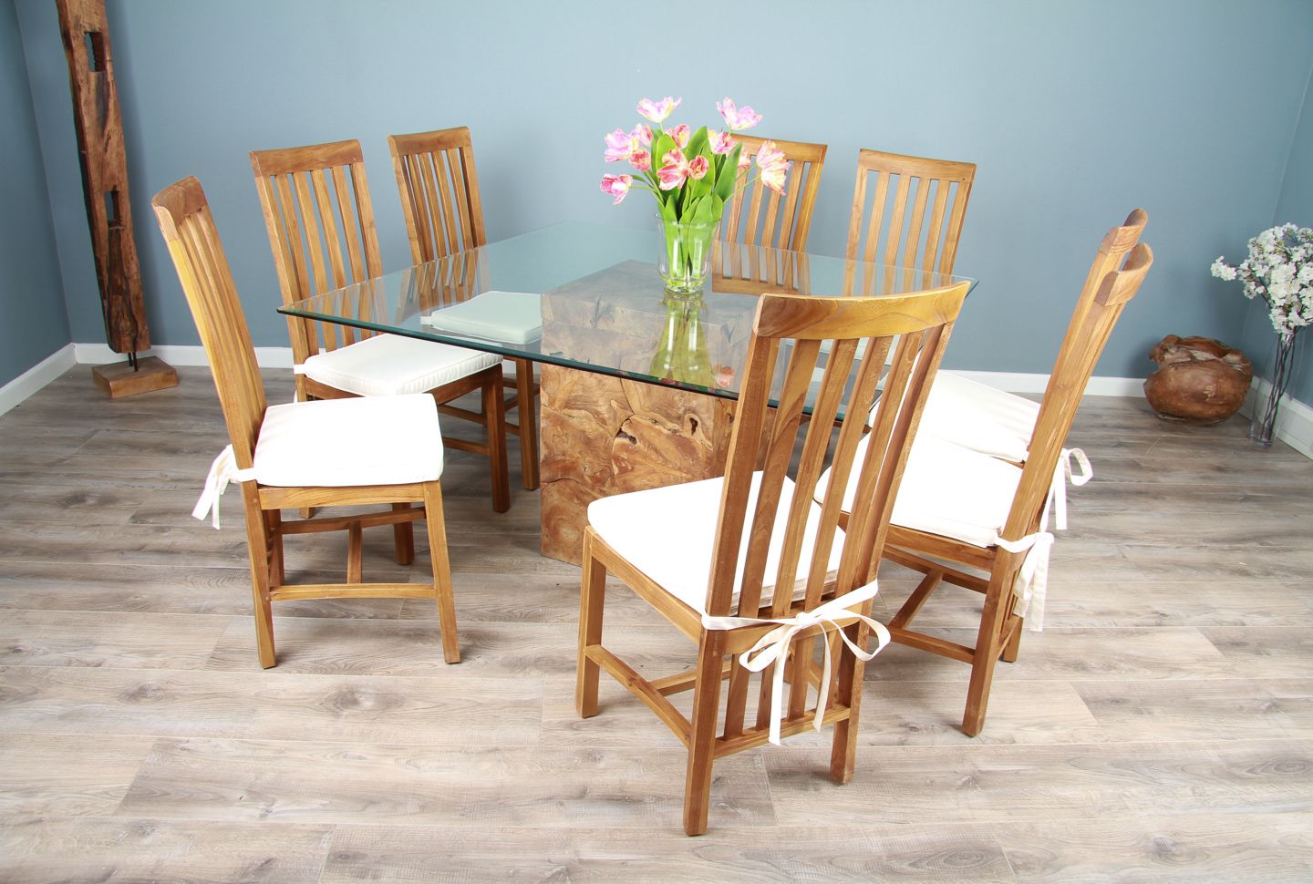 Square Teak Root Block Dining Table (140cm) with 8 Santos Chairs ...