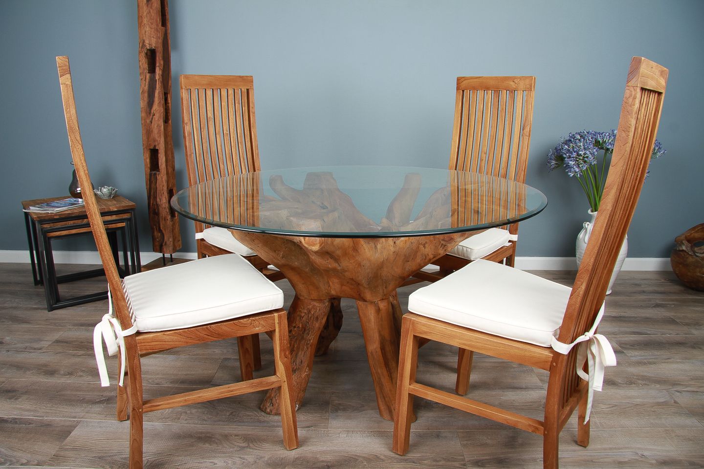 1.2m Reclaimed Teak Root Circular Dining Table with 4 or 6 Vikka Chairs ...