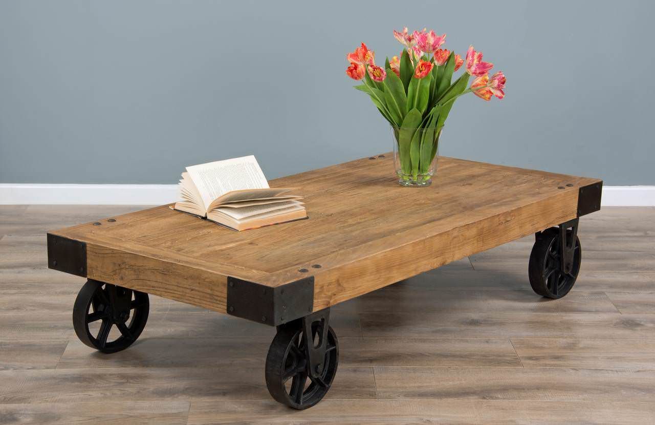 Reclaimed Elm Wheeled Coffee Table - Sustainable Furniture