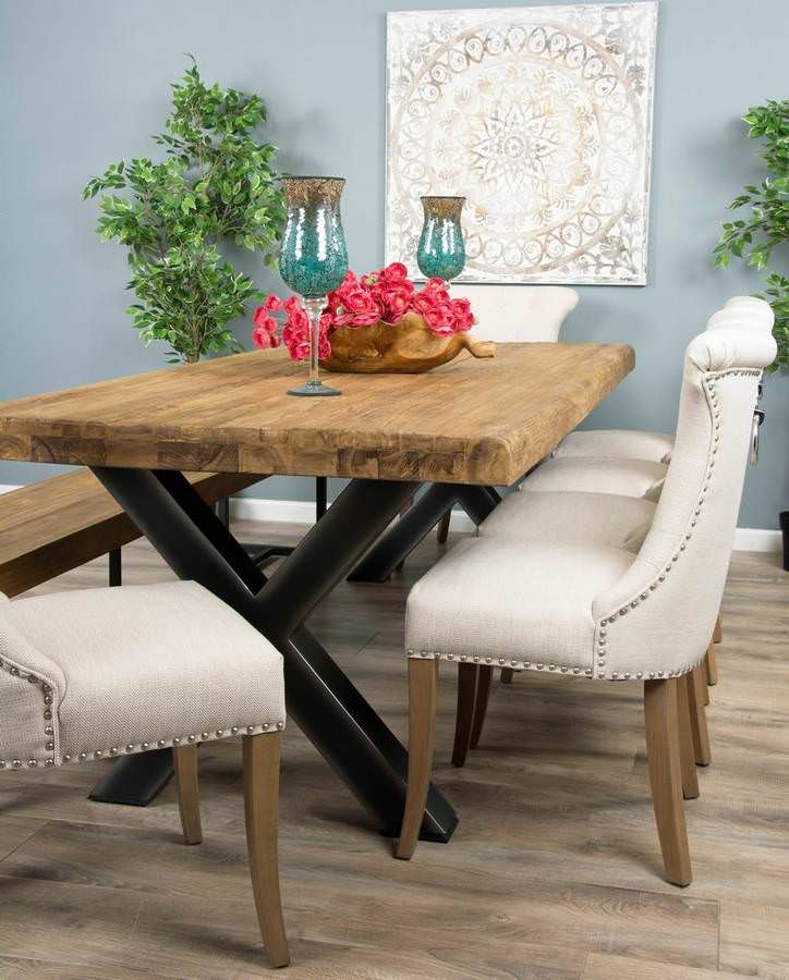 2.4m Reclaimed Teak Urban Fusion Cross Dining Table with One Backless ...