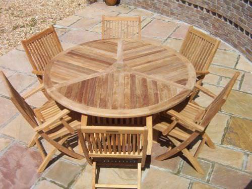 1.5m Teak Circular Radar Table with 6 Kiffa Folding Armchairs ...