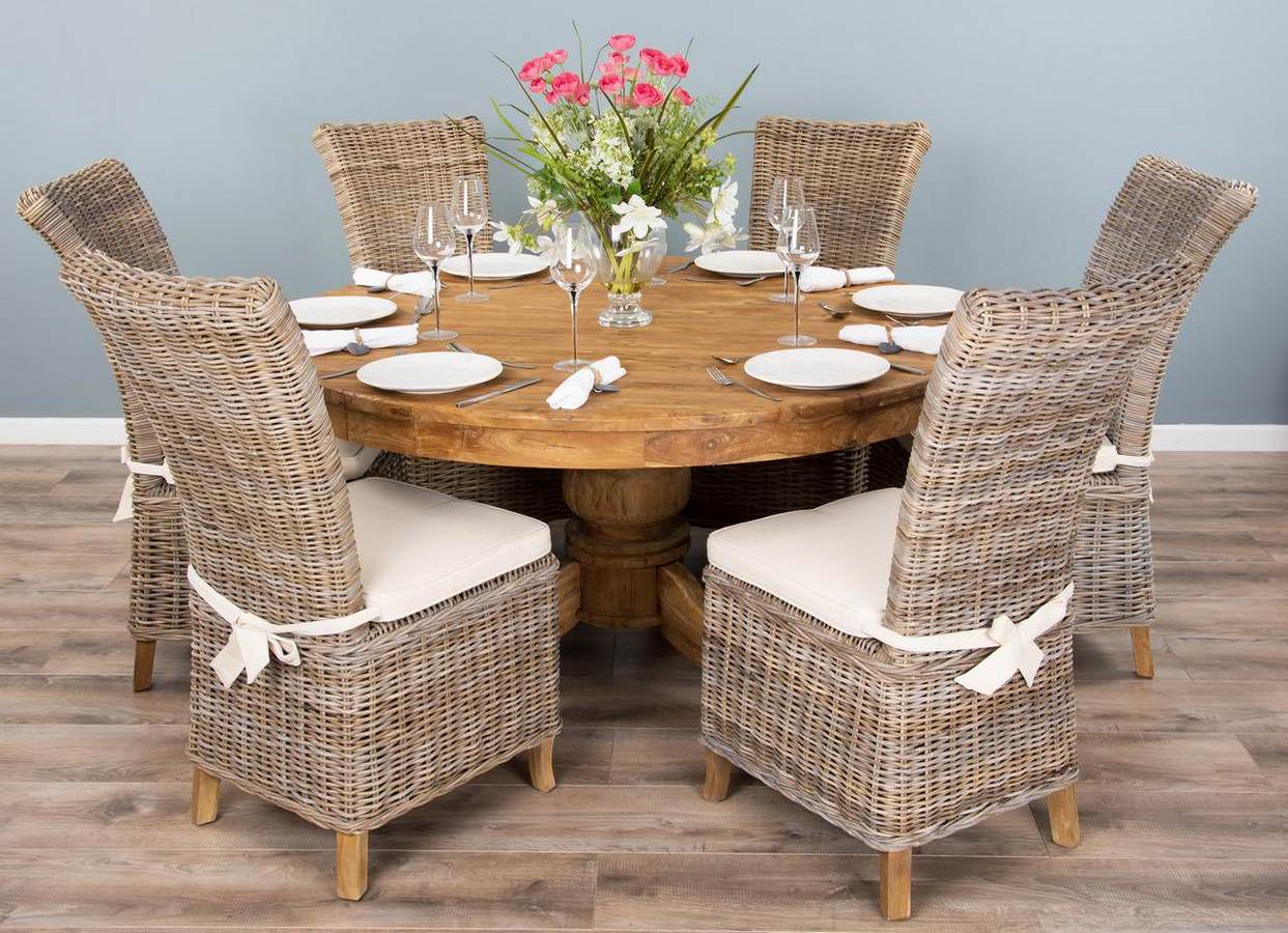 Reclaimed Teak Circular 1.5m Table and Natural Wicker Chairs Latifa Sustainable Furniture