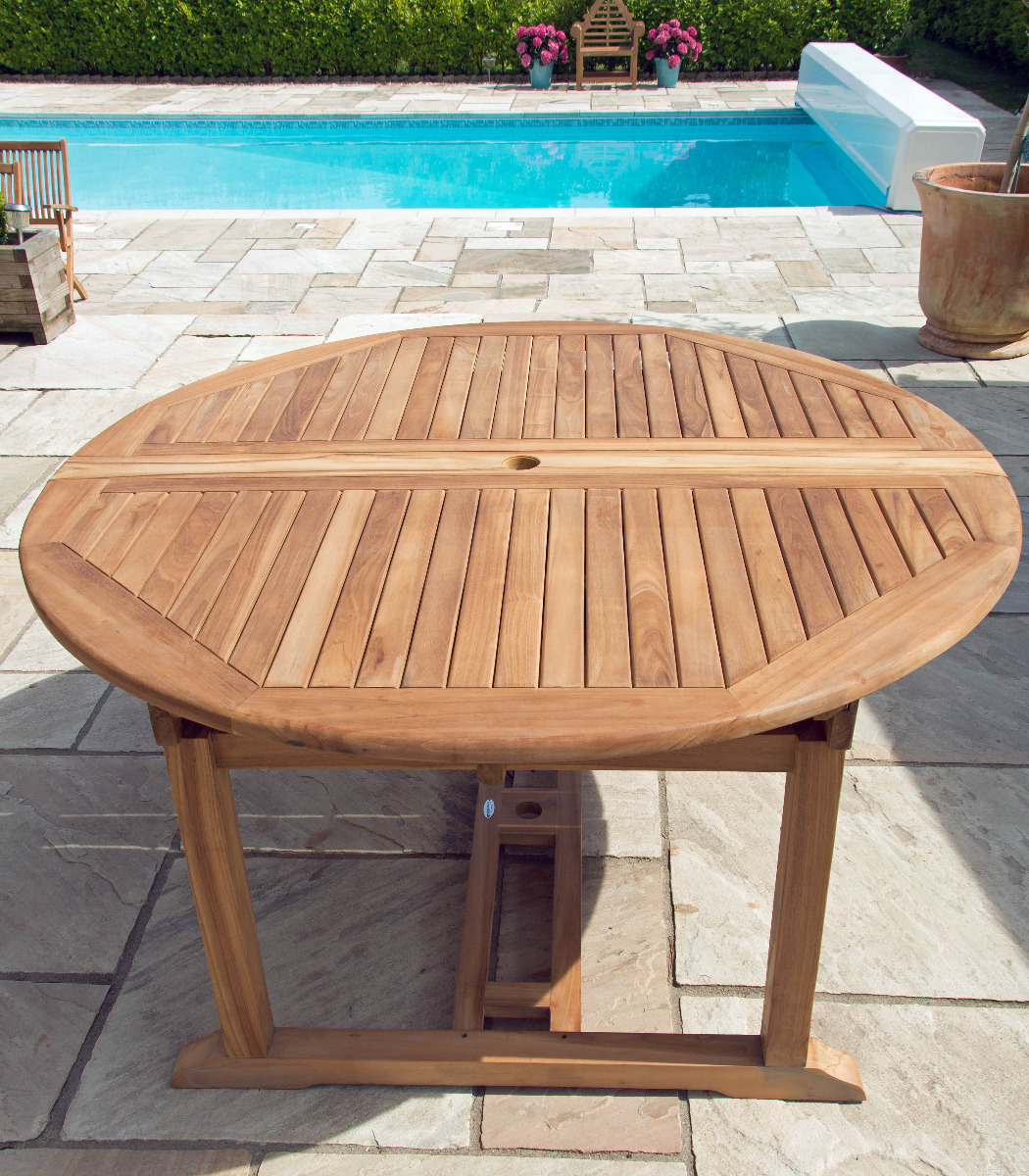 1.5m x 1.5m - 2.3m Teak Circular Double Extending Table with 10 Kiffa ...
