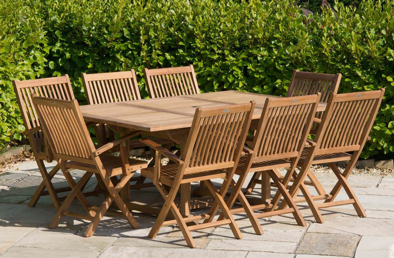 1m x 1.8m - 2.4m Teak Rectangular Extending Table with 8 Kiffa Folding ...
