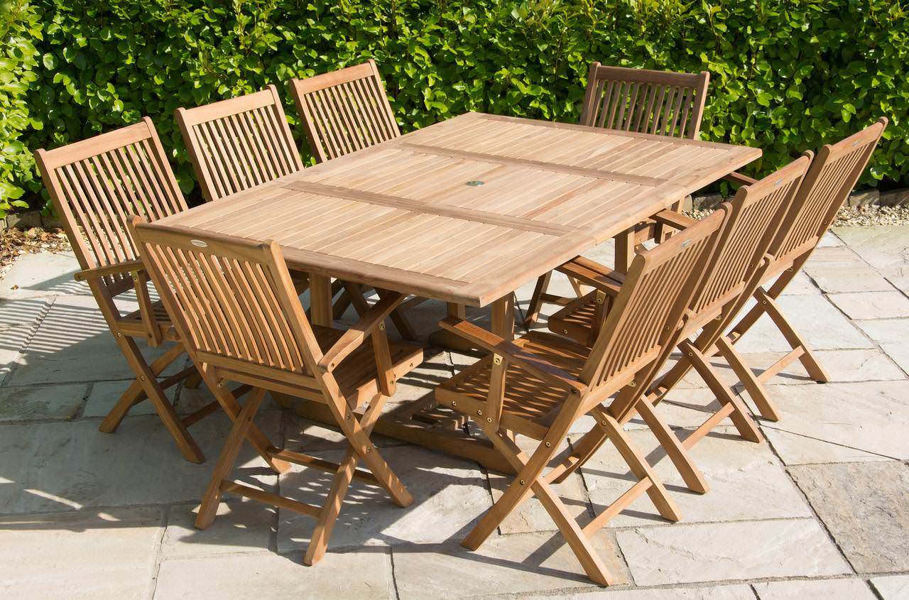 1m x 1.8m - 2.4m Teak Rectangular Extending Table with 8 Kiffa Folding ...