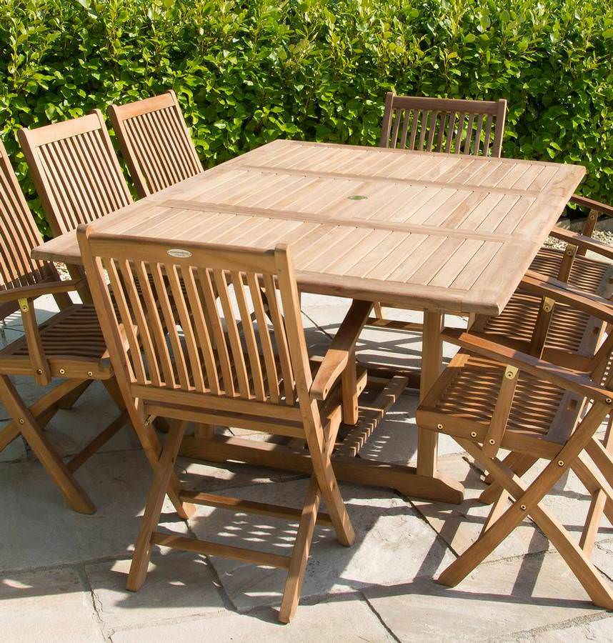 1m x 1.8m - 2.4m Teak Rectangular Extending Table with 8 Kiffa Folding ...